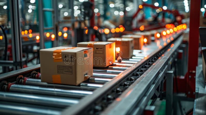 Packages Travel Down Conveyor Belts on Factory Floor Stock Image ...