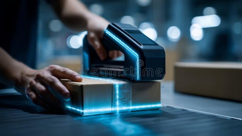 Packaging Box with Futuristic Scanner Device, Hands Holding Parcel ...
