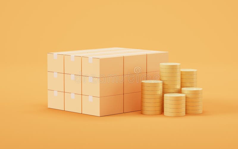 Packaging Box and Golden Coins, 3d Rendering Stock Illustration ...