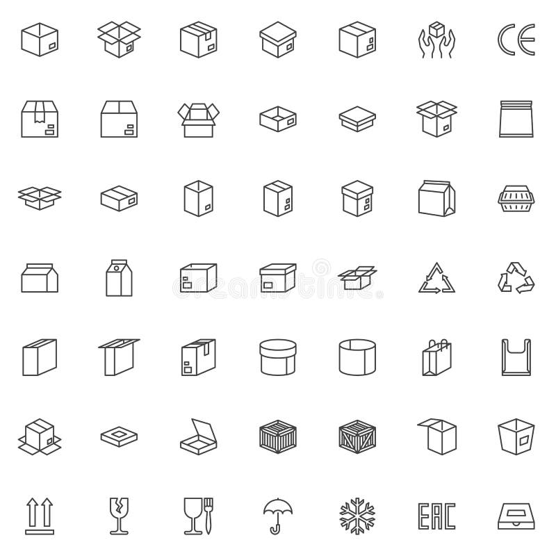 Packaging Box Line Icons Set Stock Vector - Illustration of adhesive ...