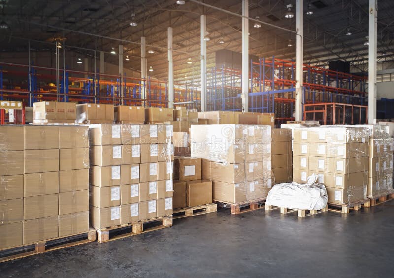 Packaging Boxes on Pallets in Storage Warehouse. Supply Chain ...