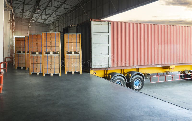 Packaging Boxes Stacked on Pallets Loading into Cargo Container ...