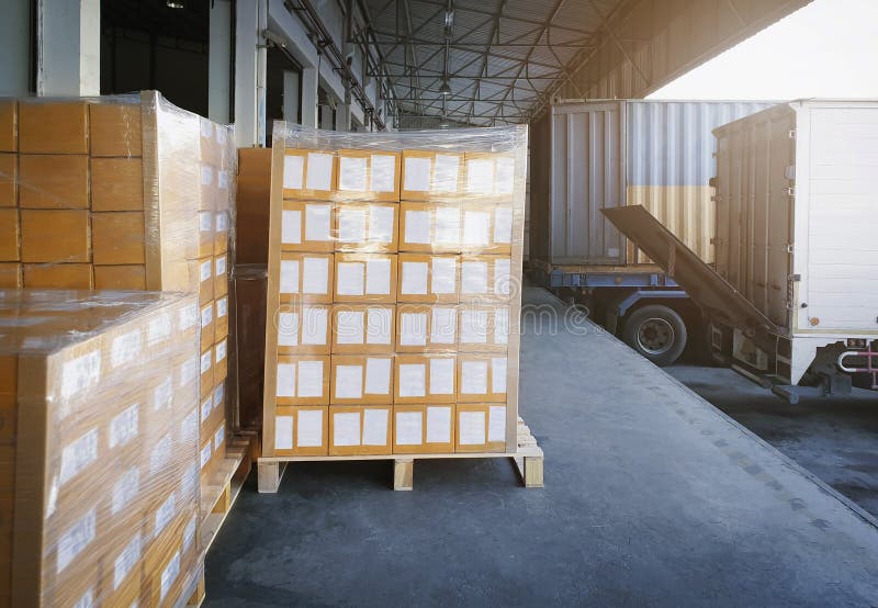 Packaging Boxes Stacked on Pallets Loading into Shipping Cargo ...