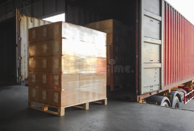 Packaging Boxes Stacked Wrapped Plastic on Pallets Loading with ...