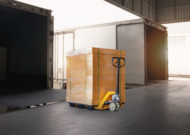 Packaging Boxes Wrapped Plastic on Pallet with Hand Pallet Jack ...