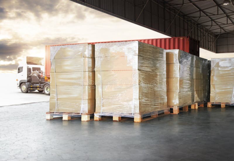 Packaging Boxes Wrapped Plastic on Pallets Loading into Cargo Container ...
