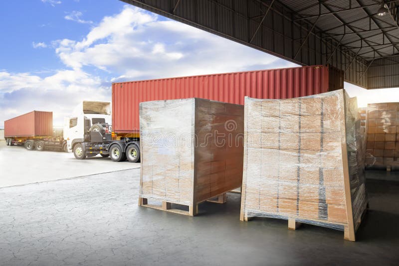 Packaging Boxes Wrapped Plastic on Pallets Loading into Cargo Container ...