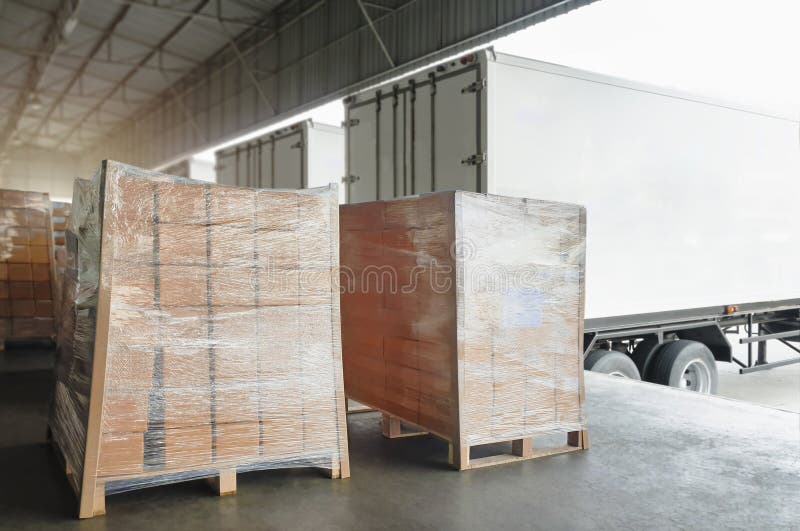 Packaging Boxes Wrapped Plastic Stacked on Pallets Loading into Cargo ...