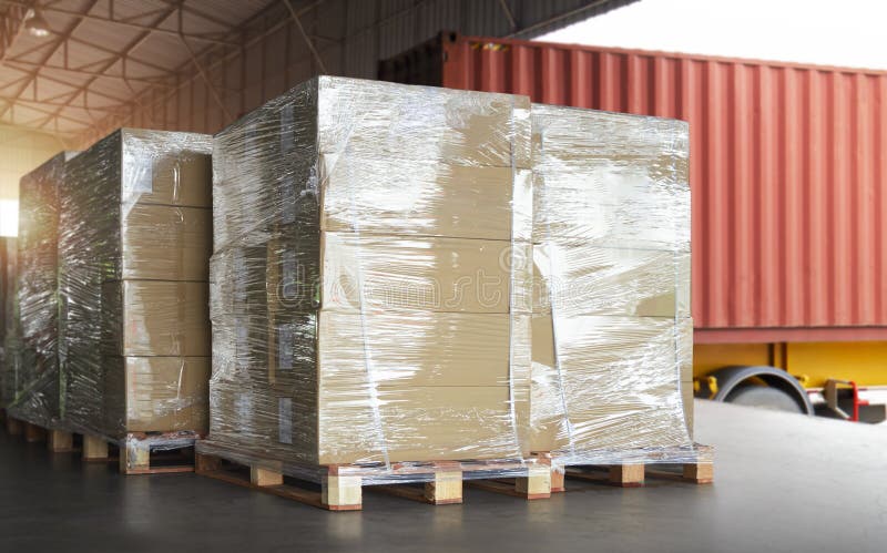 Packaging Boxes Wrapped Plastic Stacked on Pallets Loading into Cargo ...