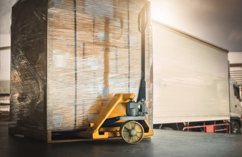 Packaging Boxes Wrapped Plastic Stacked on Pallets Loading into Cargo ...