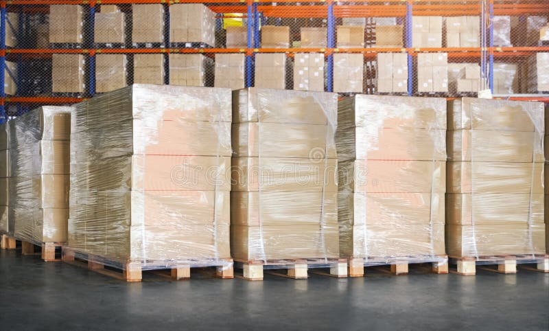 Packaging Boxes Wrapped Plastic Stacked on Pallets in Storage Warehouse ...