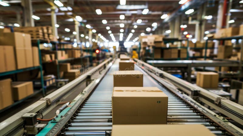 A Packaging Factory Assembly Line with Cardboard Boxes on a Conveyor ...