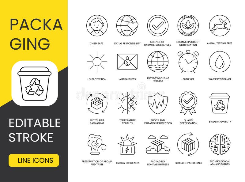 Packaging Features Line Icons Set in Vector with Editable Stroke ...