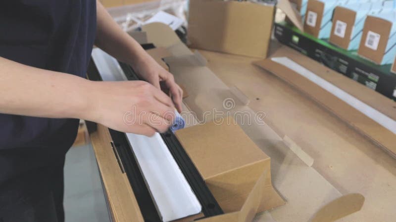 Packaging of Finished Goods in a Box. Workers Pack Finished Products ...