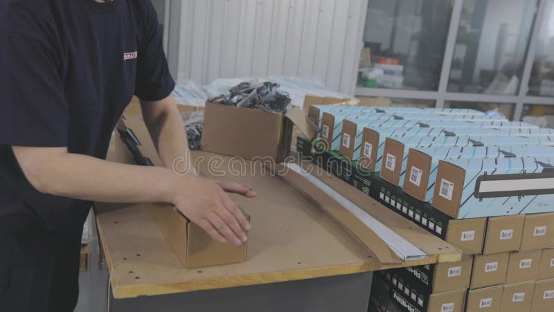 Workers Pack Finished Products into a Box. Packaging of Finished Goods ...