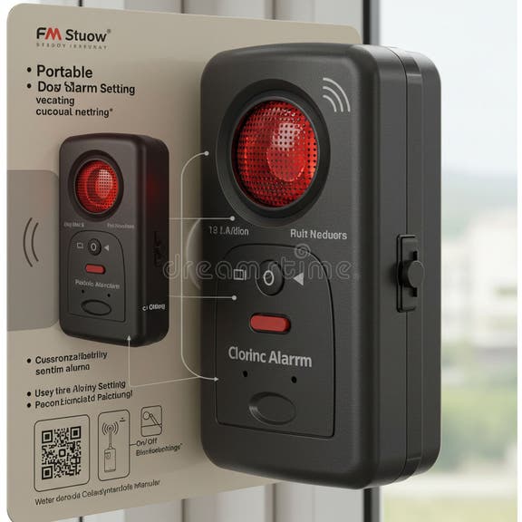 A Packaging Image Features a Portable Door Alarm Device with a ...