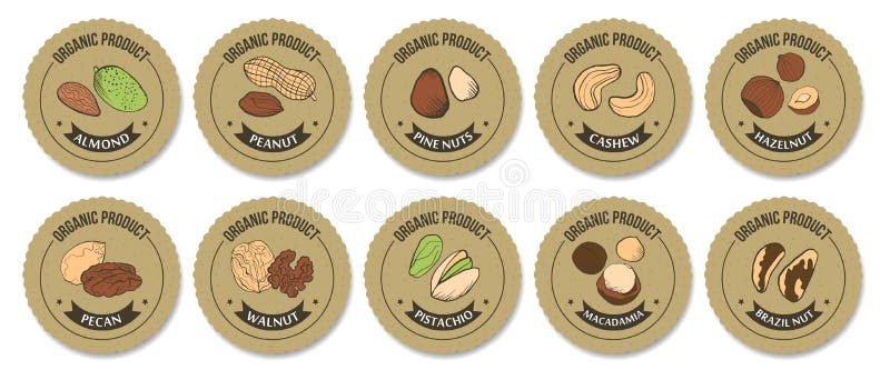 Packaging Label for Nuts. Vector Set of Round Stickers. Craft Paper ...