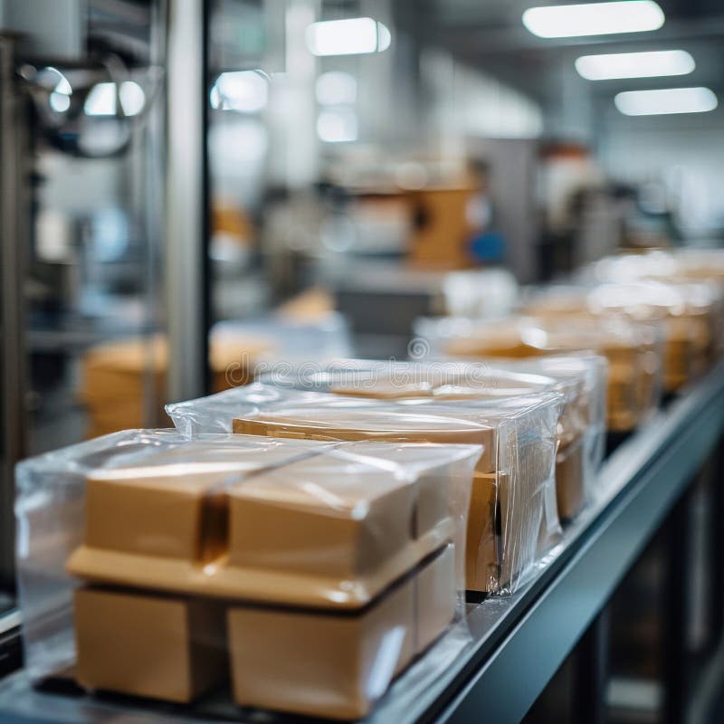 Packaging Line in Modern Factory with Organized Cardboard Boxes Stock ...