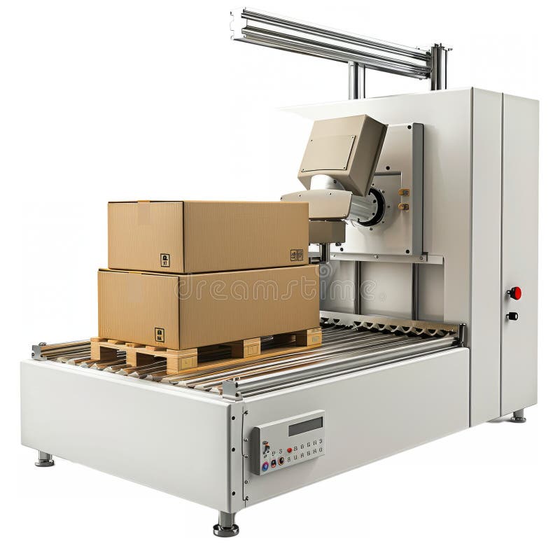 A Packaging Machine Sealing Boxes on a White Background Stock Photo ...