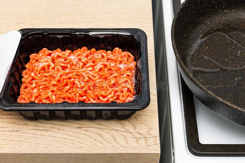 Packaging with Minced Meat in the Kitchen Stock Photo - Image of ...