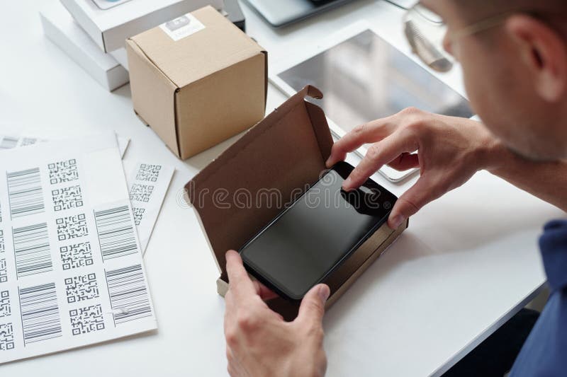 Packaging Smartphone in Box with Barcode Labels Stock Image - Image of ...