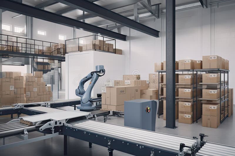 Packaging and Sorting Robot, with View of Busy Warehouse and Conveyor ...