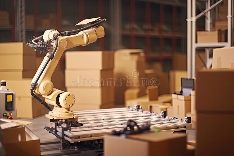 Packaging and Sorting Robot Working in Busy Warehouse, Packaging Goods ...