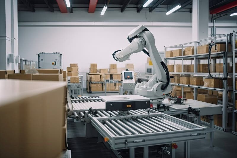 Packaging and Sorting Robot Working in Futuristic Warehouse, Surrounded ...
