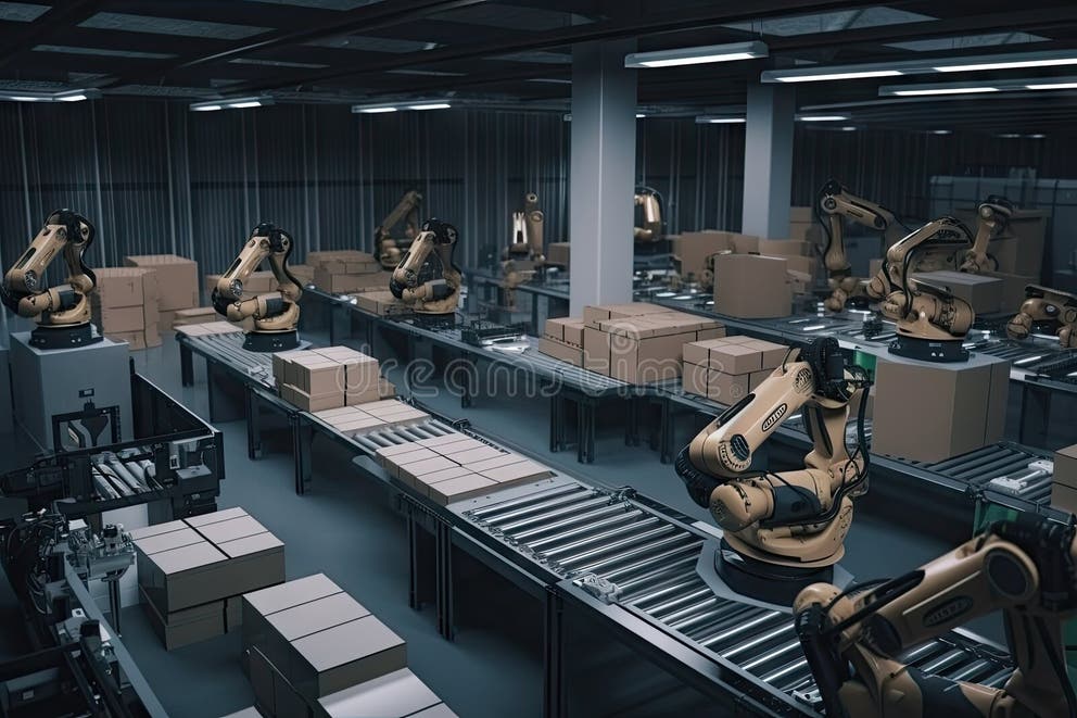 Packaging and Sorting Robotics Factory, with Robots Working in Unison ...