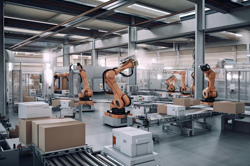 Packaging And Sorting Robotics Factory With Robots Working In Unison To Fill Orders Stock