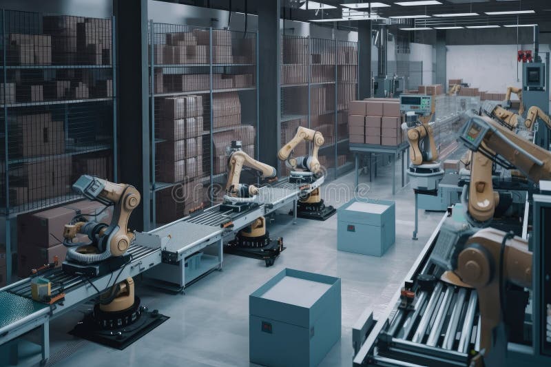 Packaging and Sorting Robots Working in Futuristic Warehouse, with ...