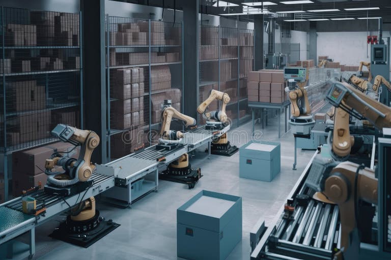 Packaging and Sorting Robots Working in Futuristic Warehouse, with ...