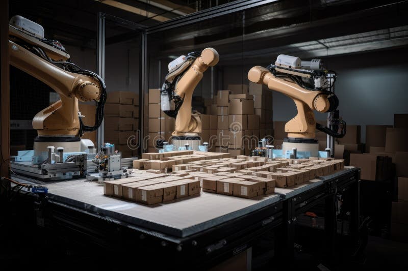Packaging And Sorting Robots Working Together In A Synchronized Dance To Sort Packages Stock