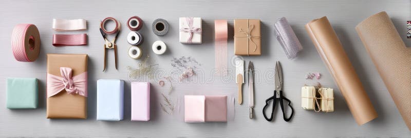 Packaging Station Arrangement Featuring Ribbons, Boxes, and Scissors ...