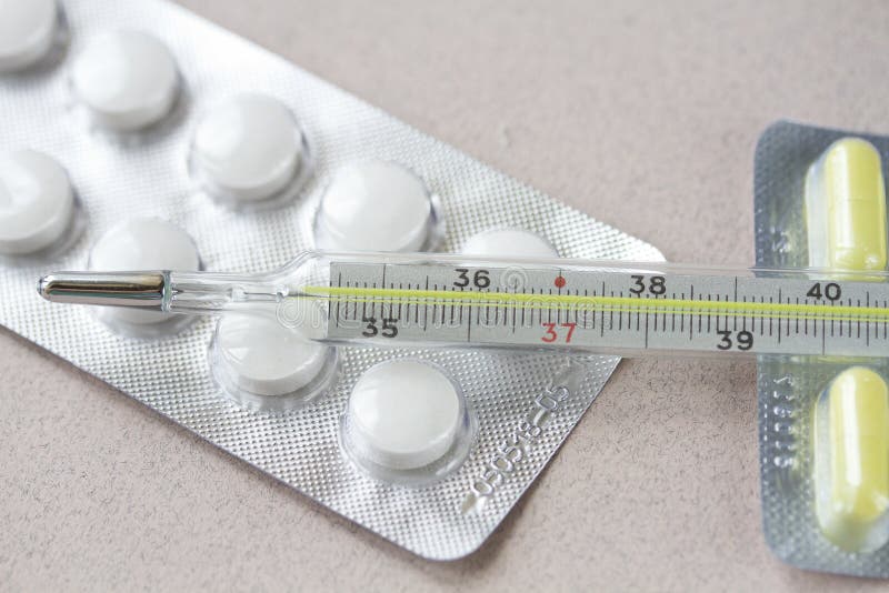 Medical Medicines and Thermometer, Means for Temperature Stock Image ...