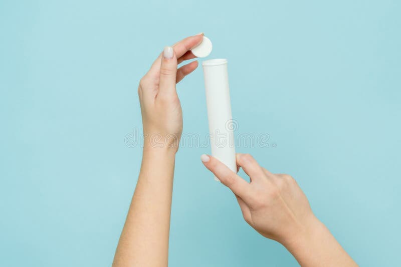 Packaging for Vitamins, Pills with Tablet in Hand. White Tube. Mockup ...