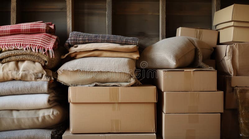 Packed Boxes and Blankets in Storage Room Stock Illustration ...