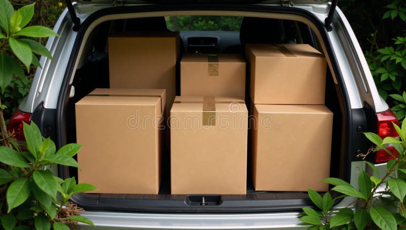 Packed Car Trunk Filled with Cardboard Boxes Amidst Nature Stock ...