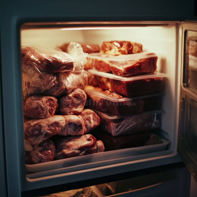 Packed Freezer Filled with Frozen Meat and Plastic Containers Stock ...