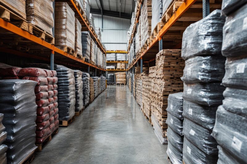 Packed Goods on Pallets Sit in a Large Warehouse, Ready for Shipping ...