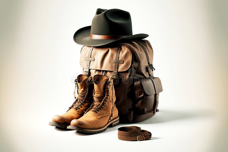 Packed Hiking Travel Backpack with Hat and Hiking Boots on White ...