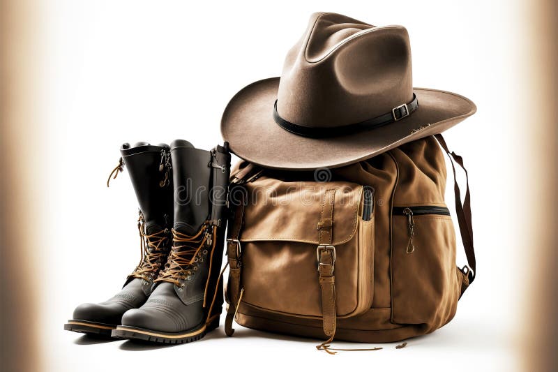 Packed Hiking Travel Backpack with Hat and Hiking Boots on White ...