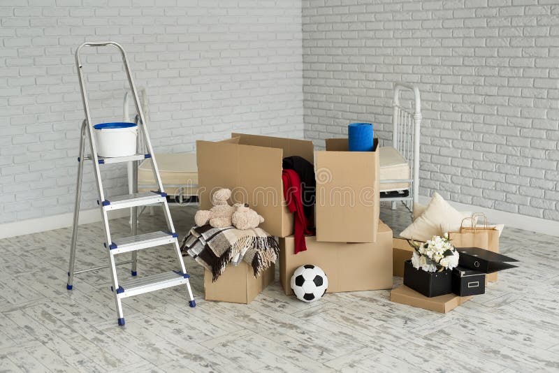 Packed Household Stuff for Moving into New House. Stock Image - Image ...