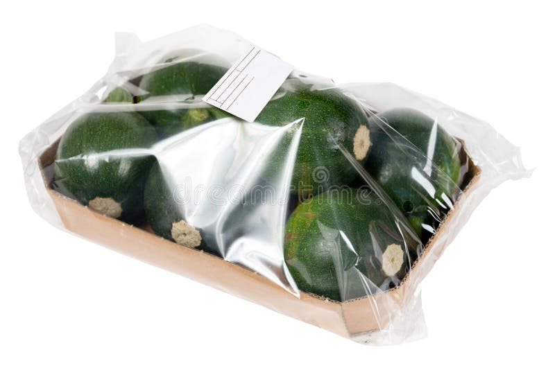 Packed and Labeled Round Zucchini on an Isolated White Background Stock ...