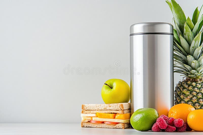 Packed Lunch Box with Fresh Fruits and Sandwich on Kitchen Counter ...