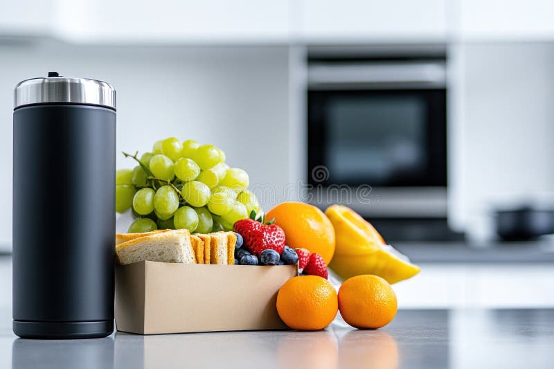 Packed Lunch Box on Kitchen Counter with Fresh Fruits and Snacks Stock ...