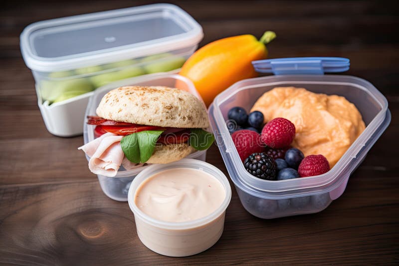 Packed Lunch with a Protein Shake, Sandwich, and Fruit Stock Image ...