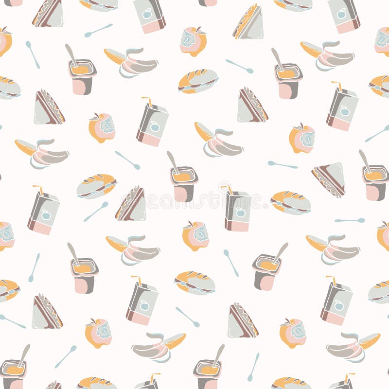 Packed Lunch Seamless Pattern, Hand Drawn Flat Color Vector Food Stock ...