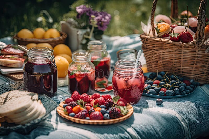 Packed Picnic with Delicious Summer Drinks and Food for Fun in the Sun ...