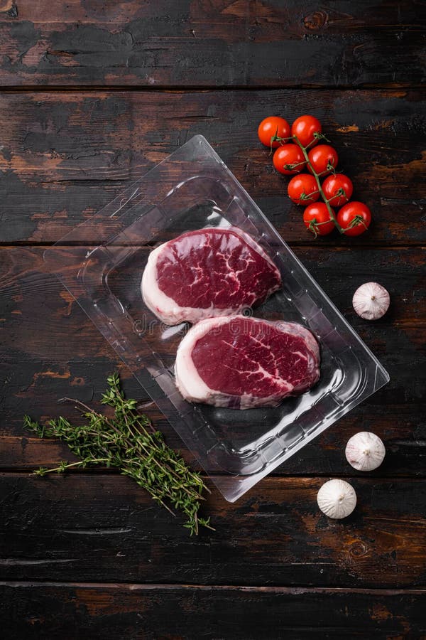 Packed Pieces Beef Meat, on Old Dark Wooden Table Background, Top View ...